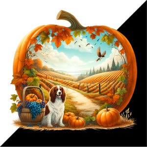 Autumn Dog Resting With Farmhouse and Pumpkins Clipart Springer Spaniel ...