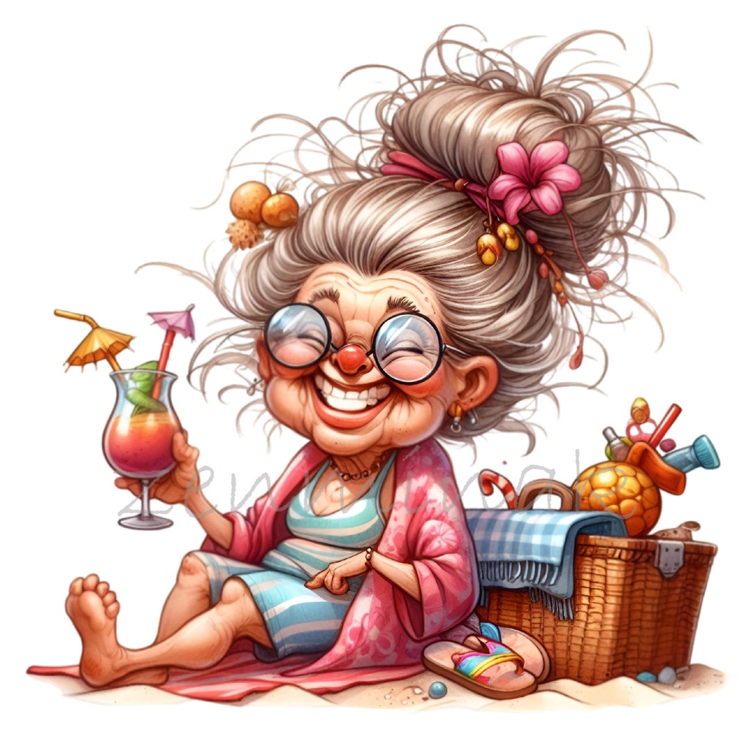 Senior Lady Beach Scene 14 PNG Funny Comics Crazy Grandma Cartoon ...