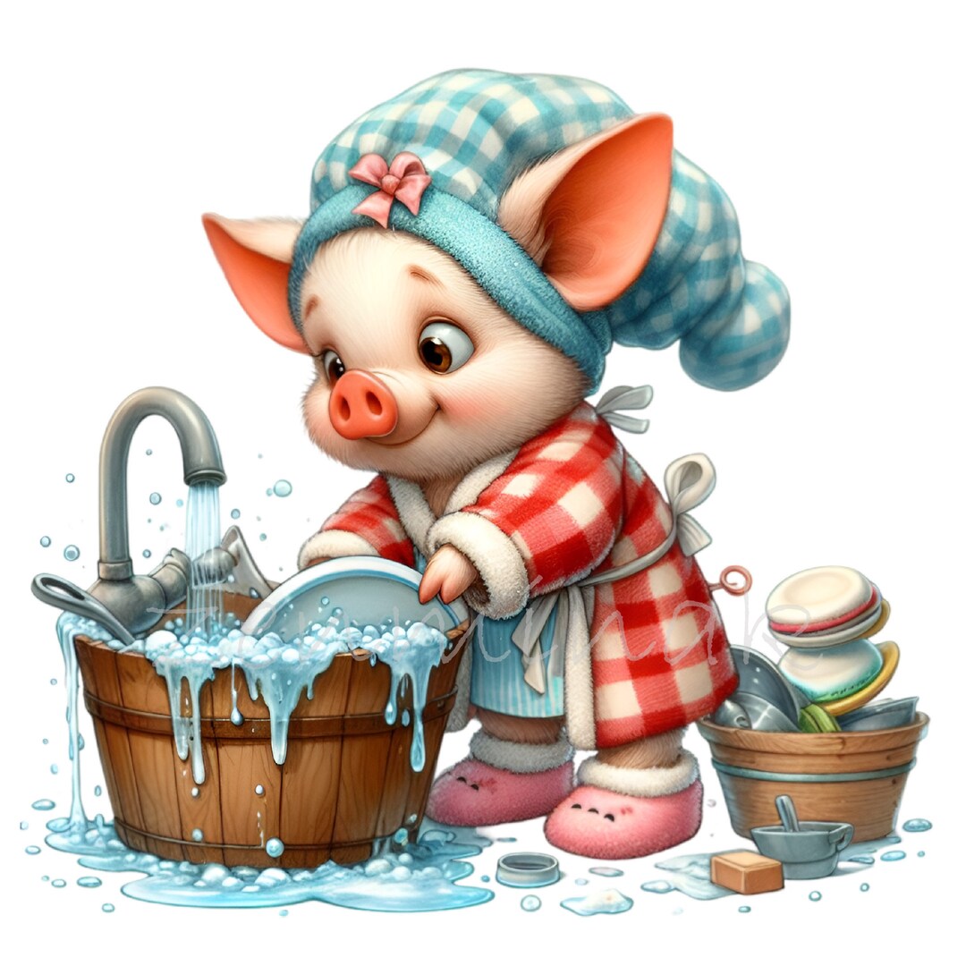 Piglet Clip Art, Cleaning Clipart, 12 PNG Housewife Washing Dishes ...