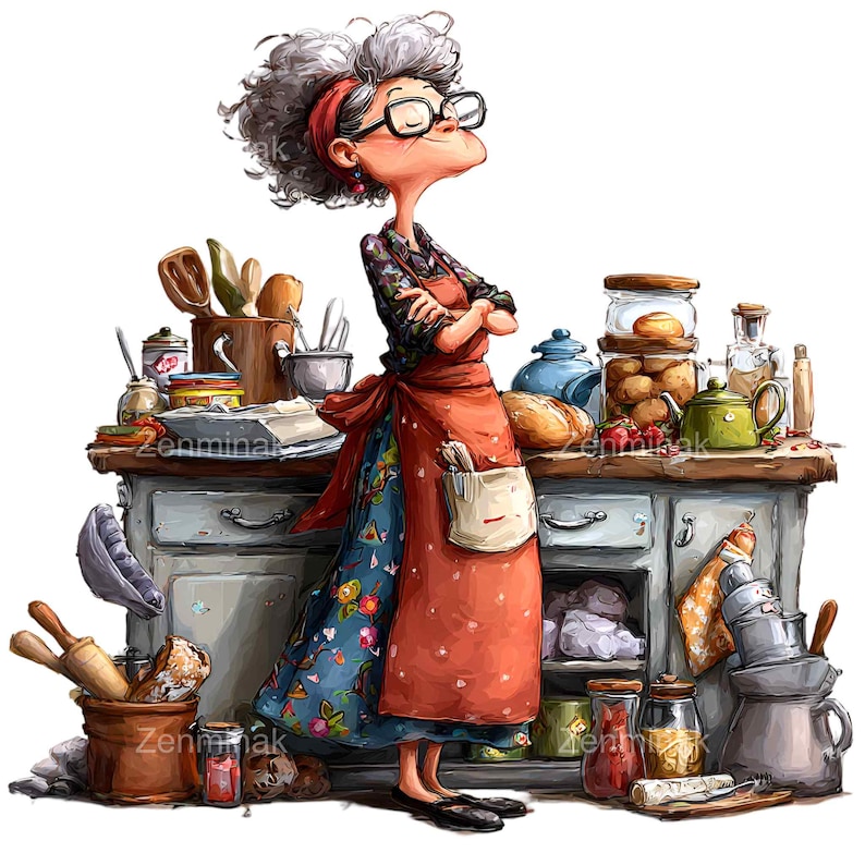 15 PNG Kitchen Grandma Clipart – Funny Lady Baking PNG – Whimsical ...