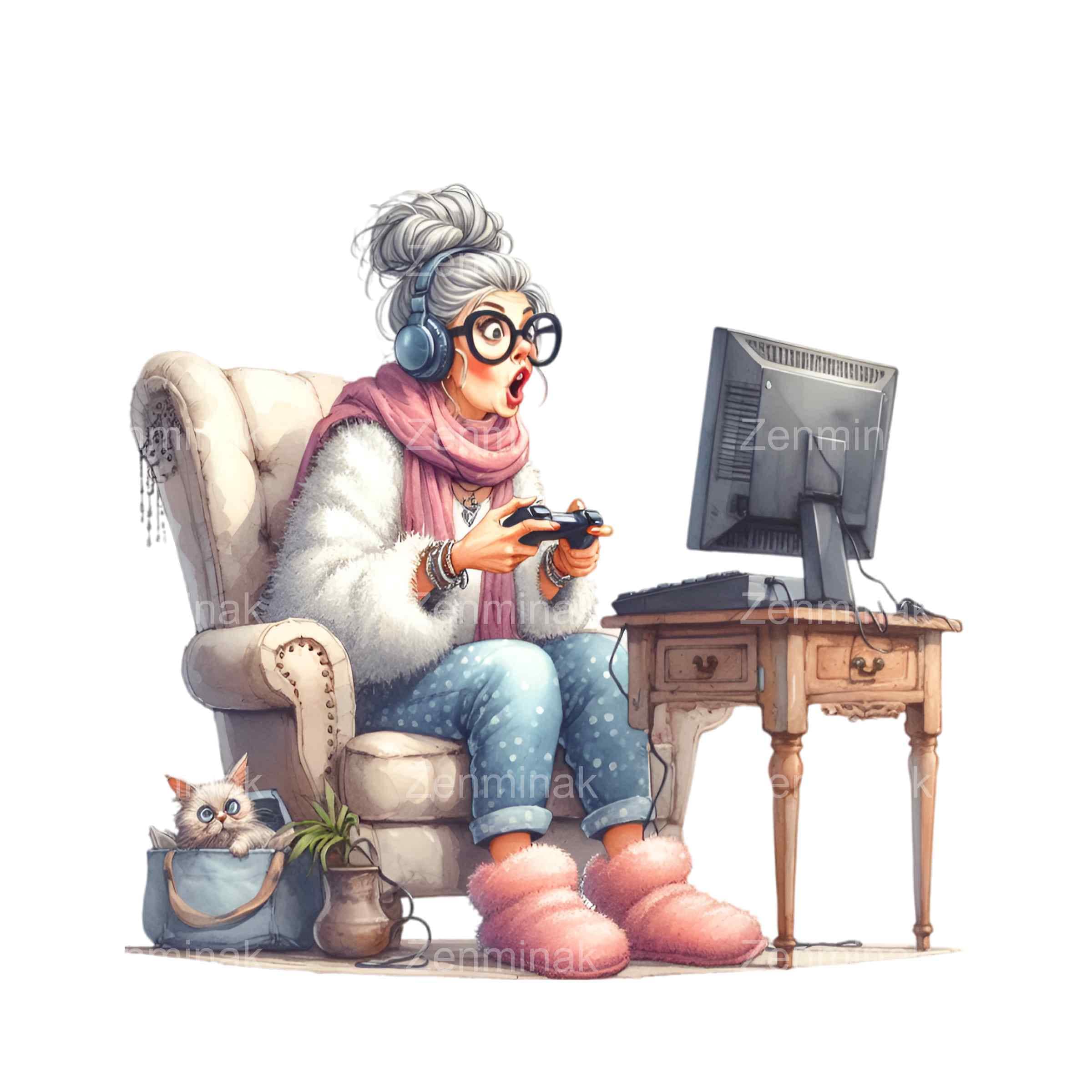 14 PNG Funny Gamer Grandma PNG Clipart – Elderly Lady Playing Video ...