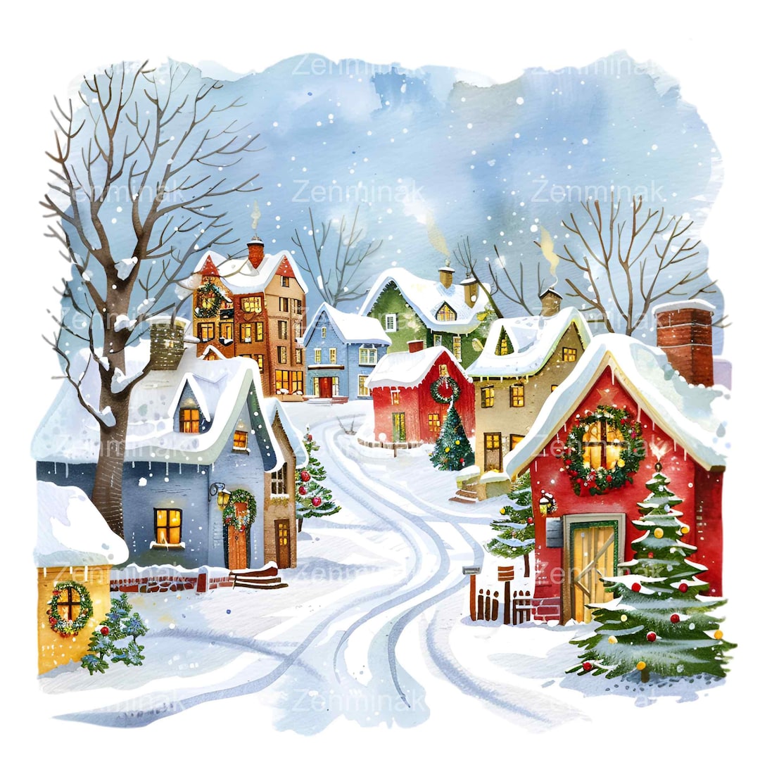 12 Winter Village Scene PNG | Snowy Holiday Town Illustration ...