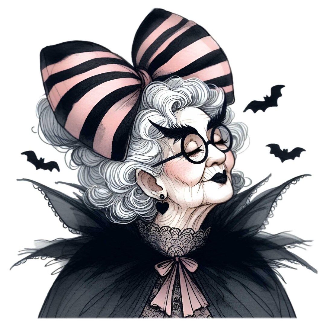 Vintage Granny With Striped Bow and Bats Illustration PNG, 10 Gothic ...