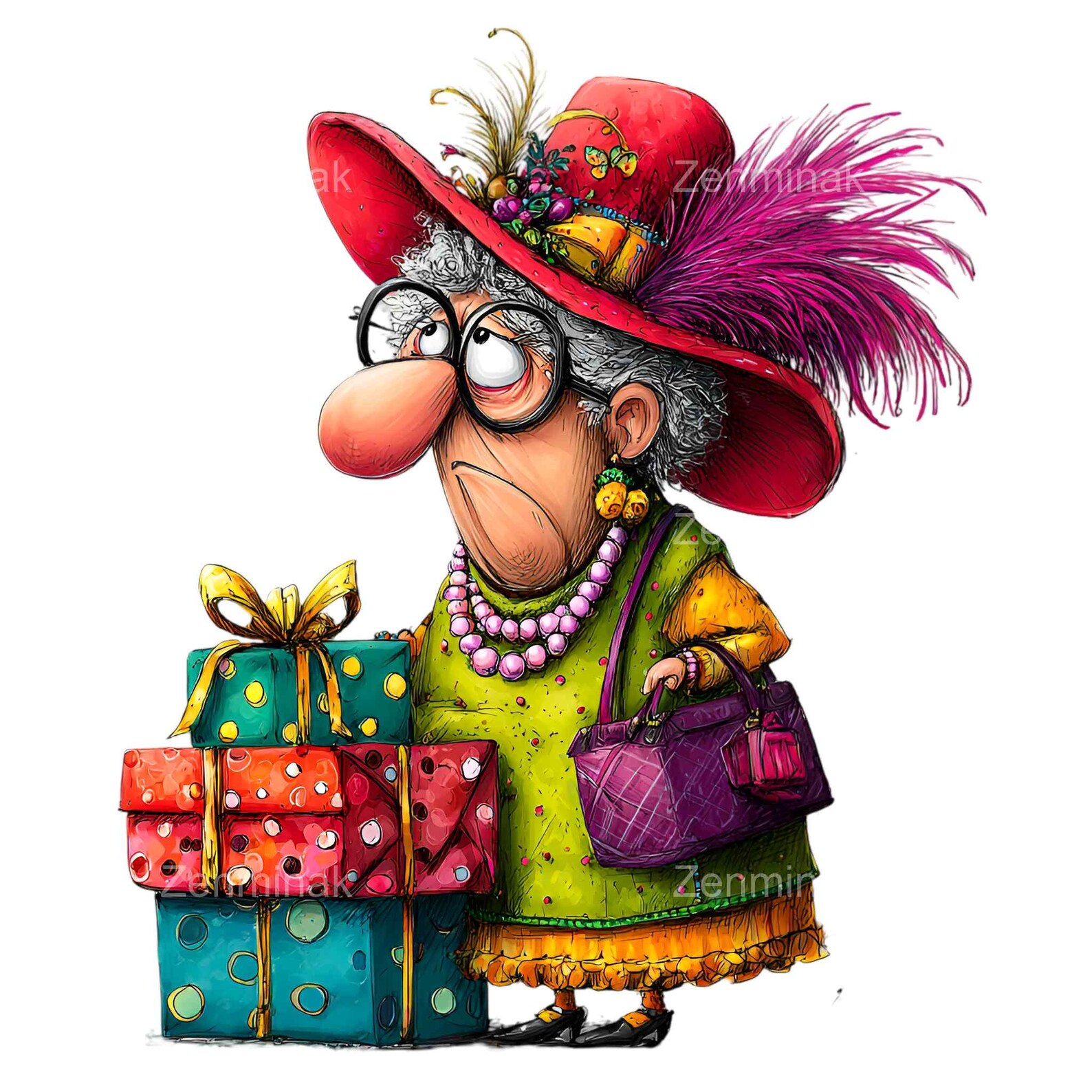16 PNG Funny Gift Lady Clipart – Eccentric Grandma With Presents for ...