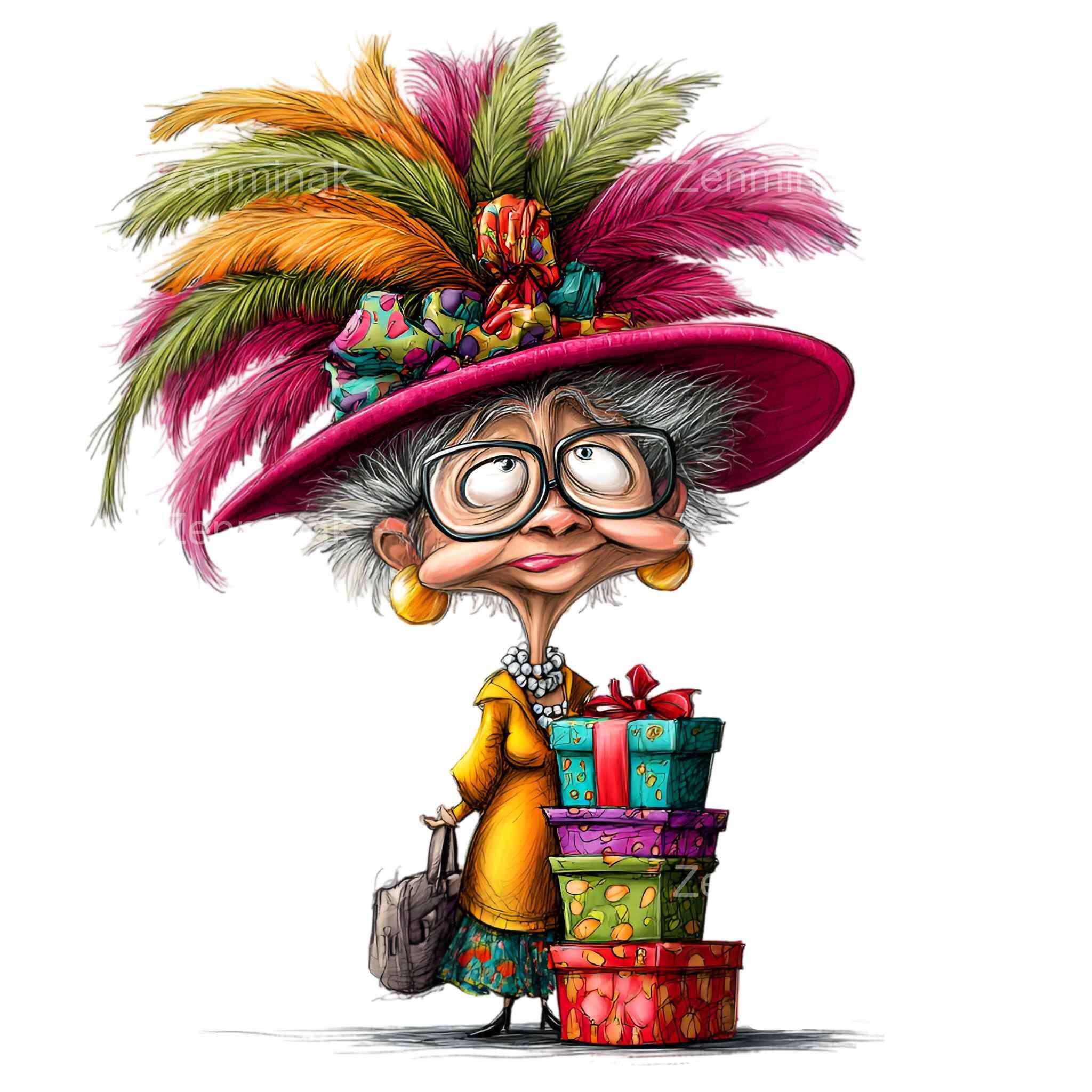 16 PNG Funny Gift Lady Clipart – Eccentric Grandma With Presents for ...