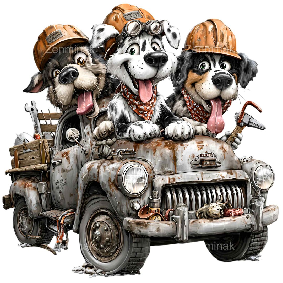 15 PNG Funny Mechanic Dogs Clipart – Construction Puppies in Old Truck ...