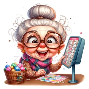 Senior Lady Playing Bingo 12 PNG Funny Comics Cartoon Illustration ...