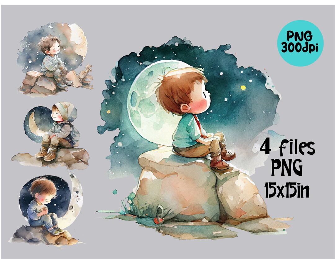 Moonlight Boy Clipart Watercolor Illustration PNG - Etsy Canada