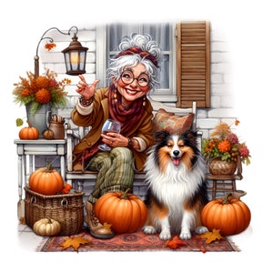 10 Autumn Grandma Clipart PNG Smiling Elderly Lady With Dog Pumpkins ...