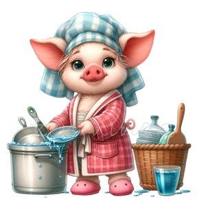 12 Pig Washing Dishes Clip Art, Cute Farm Animal in Pink Apron PNG ...