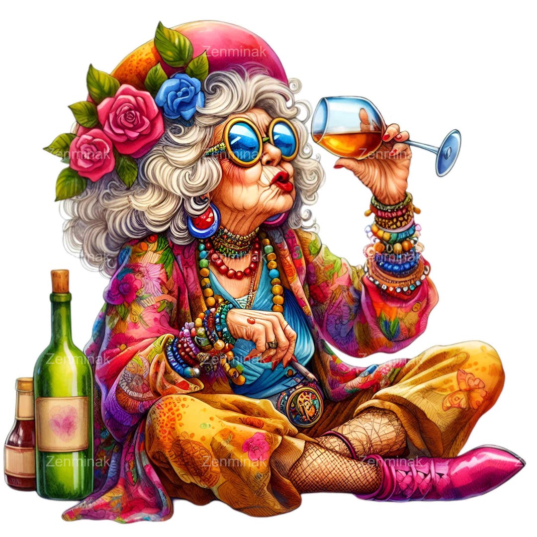 Wine Sipping Granny Png Clipart 10 Eccentric Elderly Woman With Floral