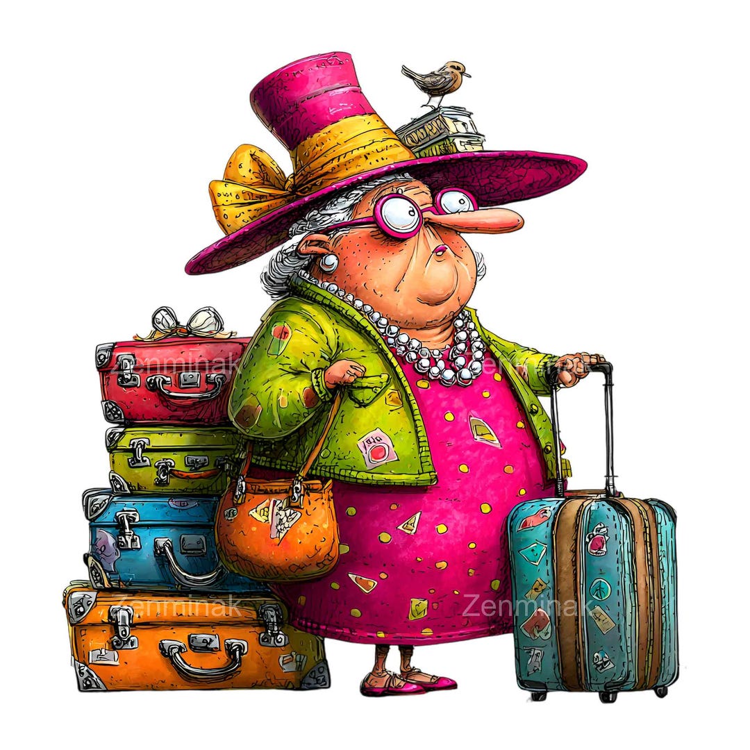 14 PNG Funny Travel Lady Clipart – Eccentric Senior With Luggage for ...