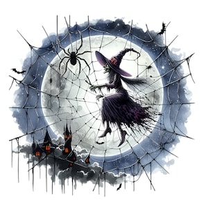 15 Halloween Witch Clipart PNG Flying Broom Moon Spider Web Haunted ...