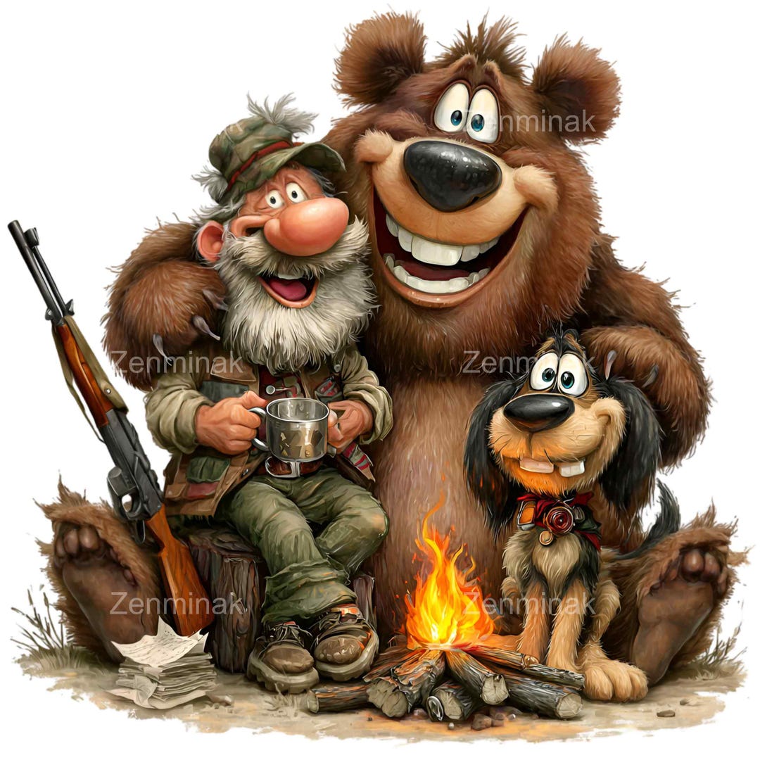 10 PNG Funny Hunter Clipart – PNG Old Man With Bear and Dog by Campfire ...
