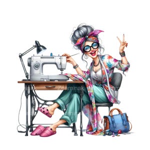 21 Funny Seamstress PNG Clipart, Stylish Woman Sewing Machine Art ...