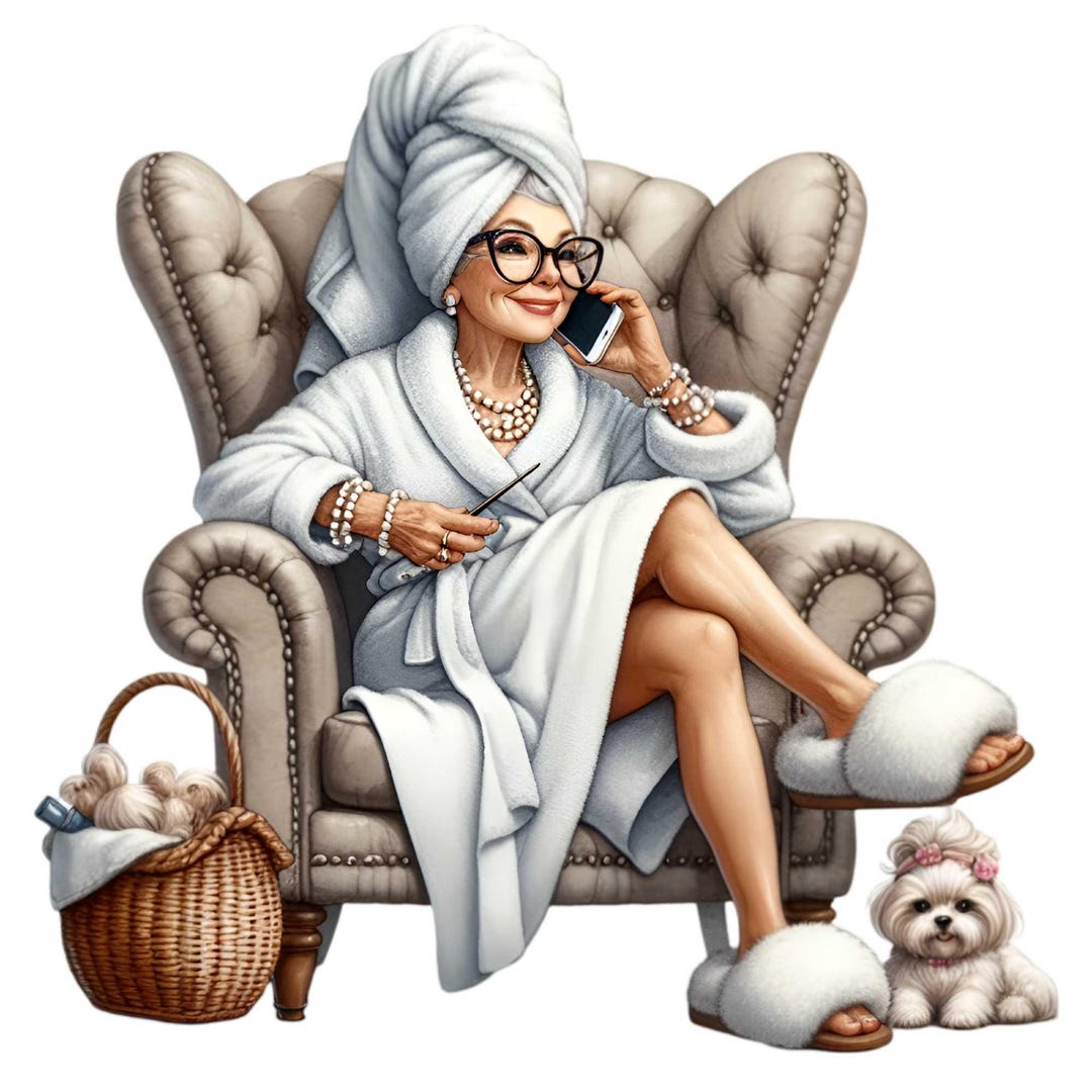 12 PNG Spa Grandma Clipart – Funny Old Lady in Bathrobe With Dog PNG ...