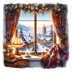 Winter Window Scene PNG With Snowy Village View, 15 Plaid Blanket, and ...