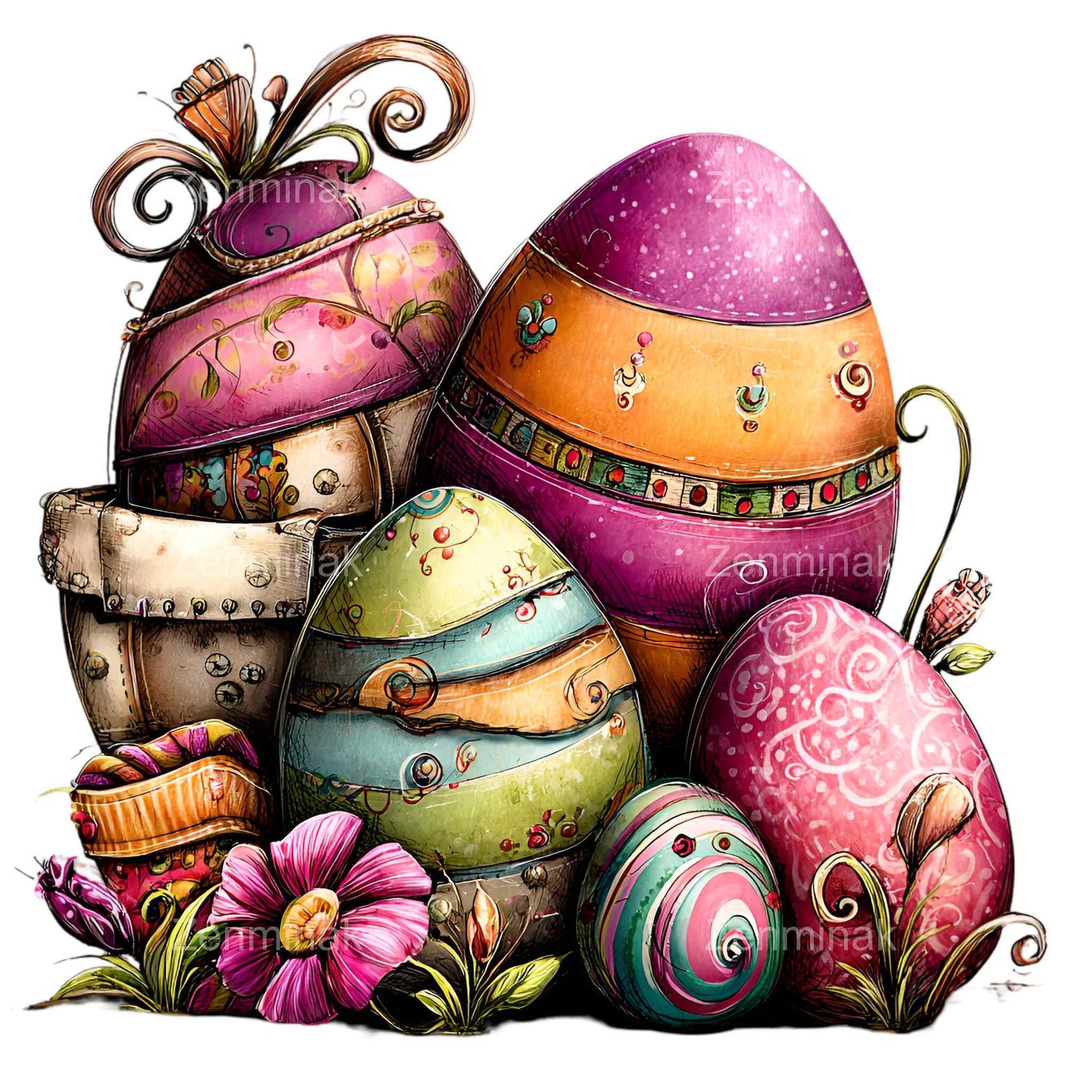 12 PNG Decorated Easter Eggs Clipart, Floral Spring Illustration ...