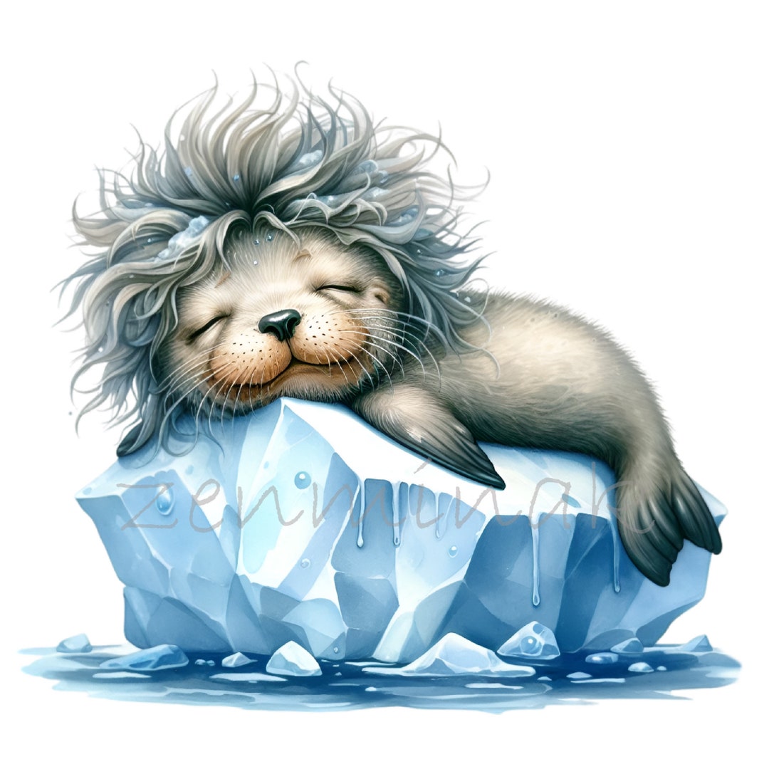Cute Baby Sea Lion Sleeping on Iceberg 12 PNG Arctic Animal Cartoon ...