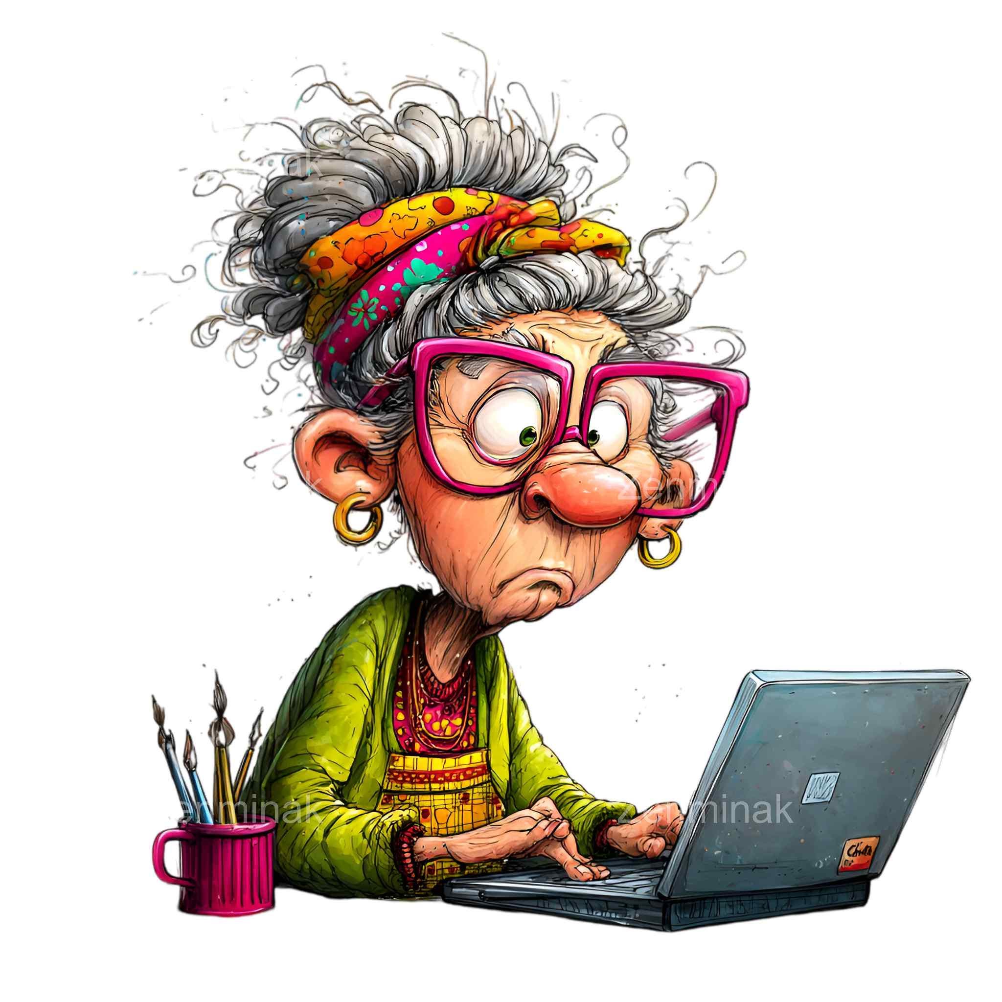 16 PNG Funny Old Lady at Computer – Grumpy Senior Woman Clipart for ...