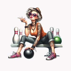 Funny Woman Playing Bowling Clipart Bundle, Bowling Png Graphics ...