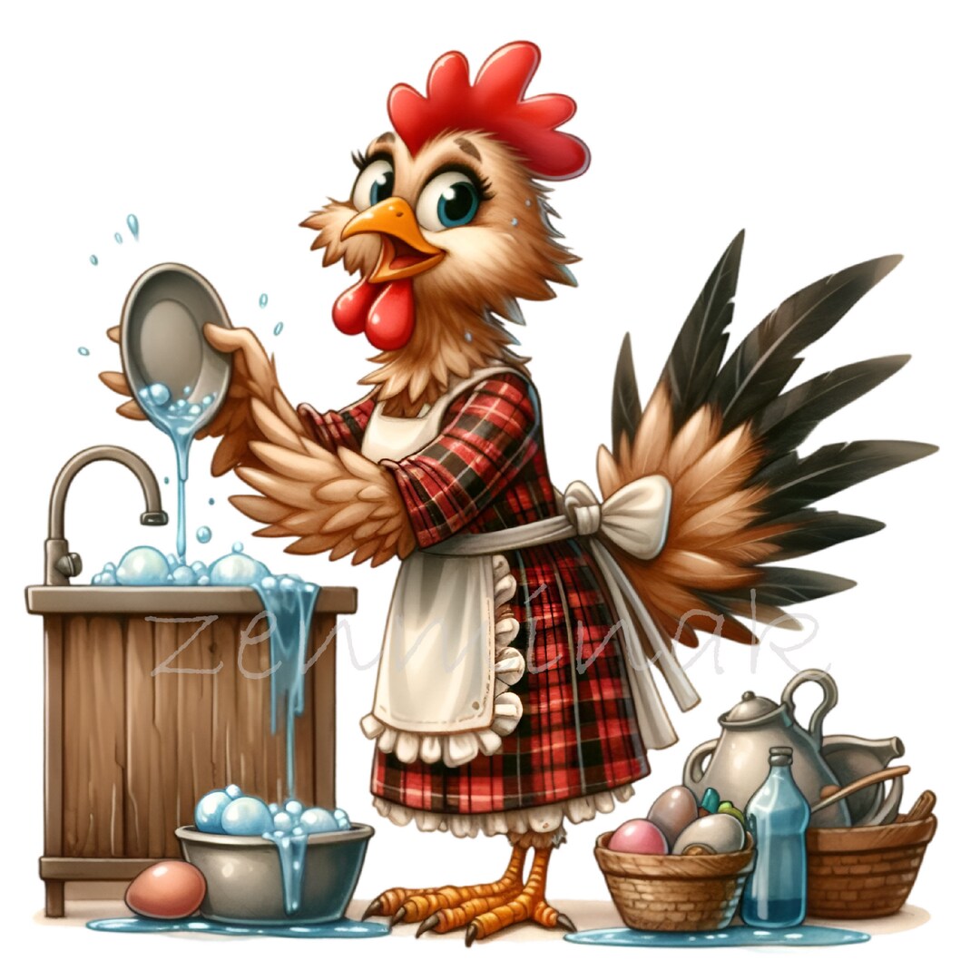 12 Funny Chicken PNG Clipart, Hen Washing Dishes Art, Farmhouse Animal ...