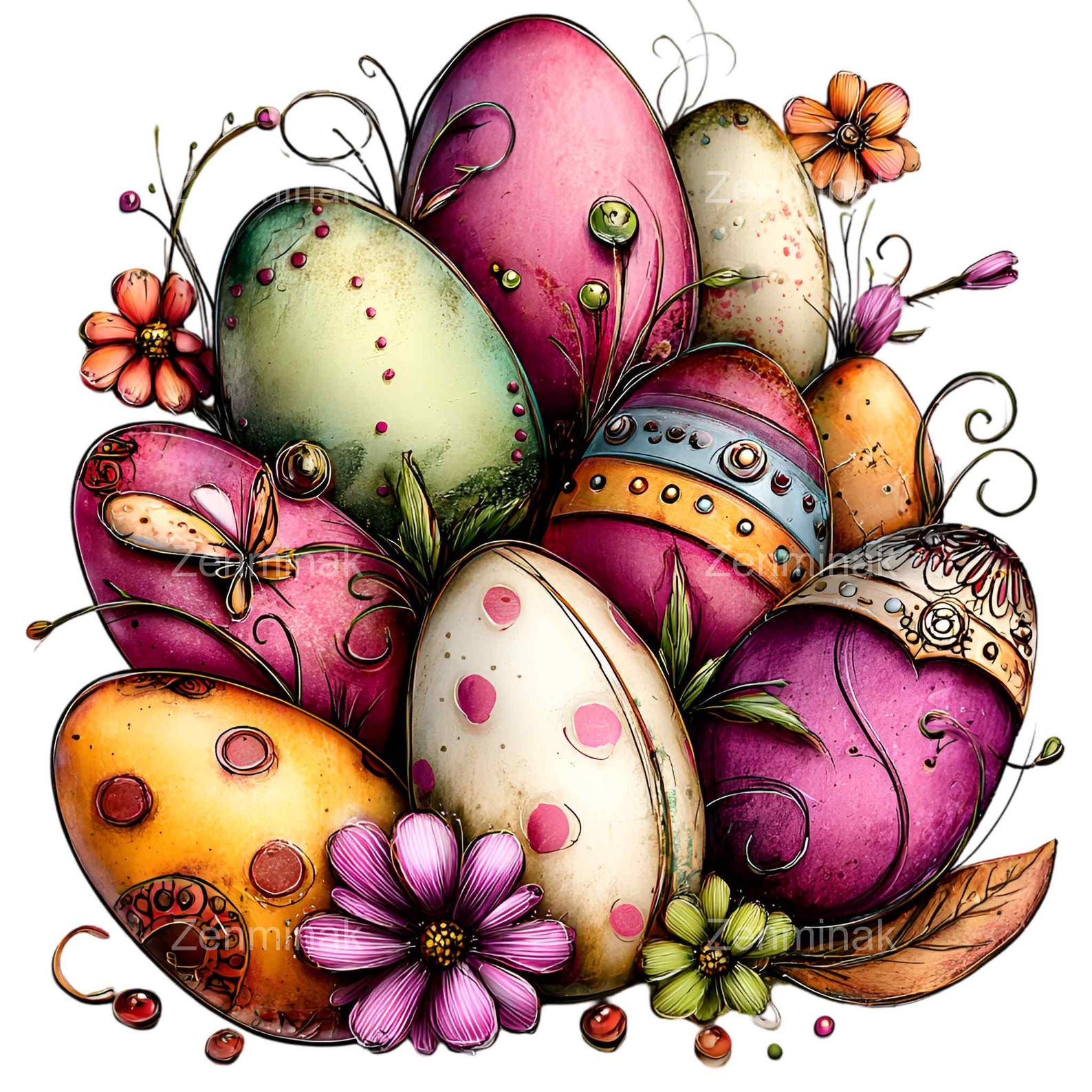 12 PNG Decorated Easter Eggs Clipart, Floral Spring Illustration ...