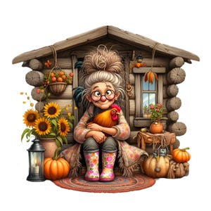 12 Funny Fall PNG Clipart Grumpy Grandma With Chicken, Sunflowers ...