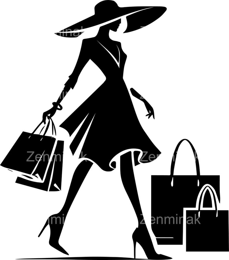 5 SVG Elegant Shopping Girl SVG – Woman in Dress, Hat & Heels With Bags ...