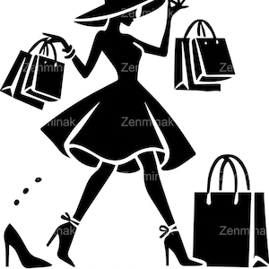 5 Fashion Lady Shopping Silhouette SVG Cut File, Woman With Bags ...