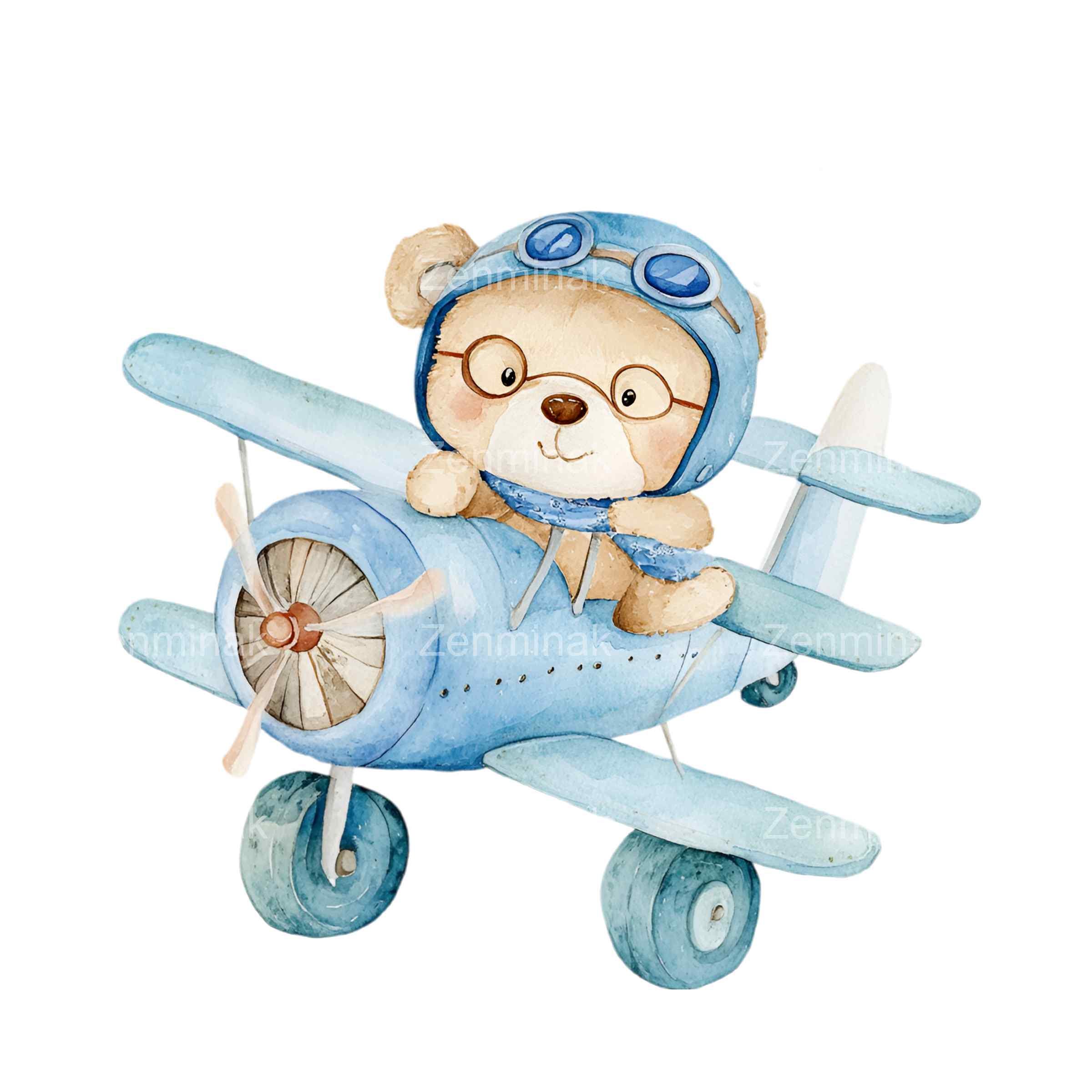 19 Watercolor Bear Pilot PNG in Blue Airplane Clip Art, Cute Aviation ...