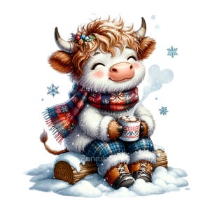 Winter Highland Cow Clipart PNG - 15 Cute Cow With Hot Cocoa, Festive ...