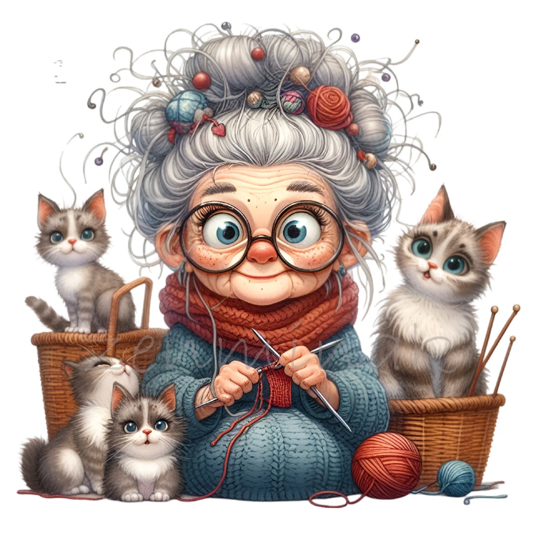 Grandma Knitting Crochet With Cats, Funny Senior Lady Clipart 12 PNG ...