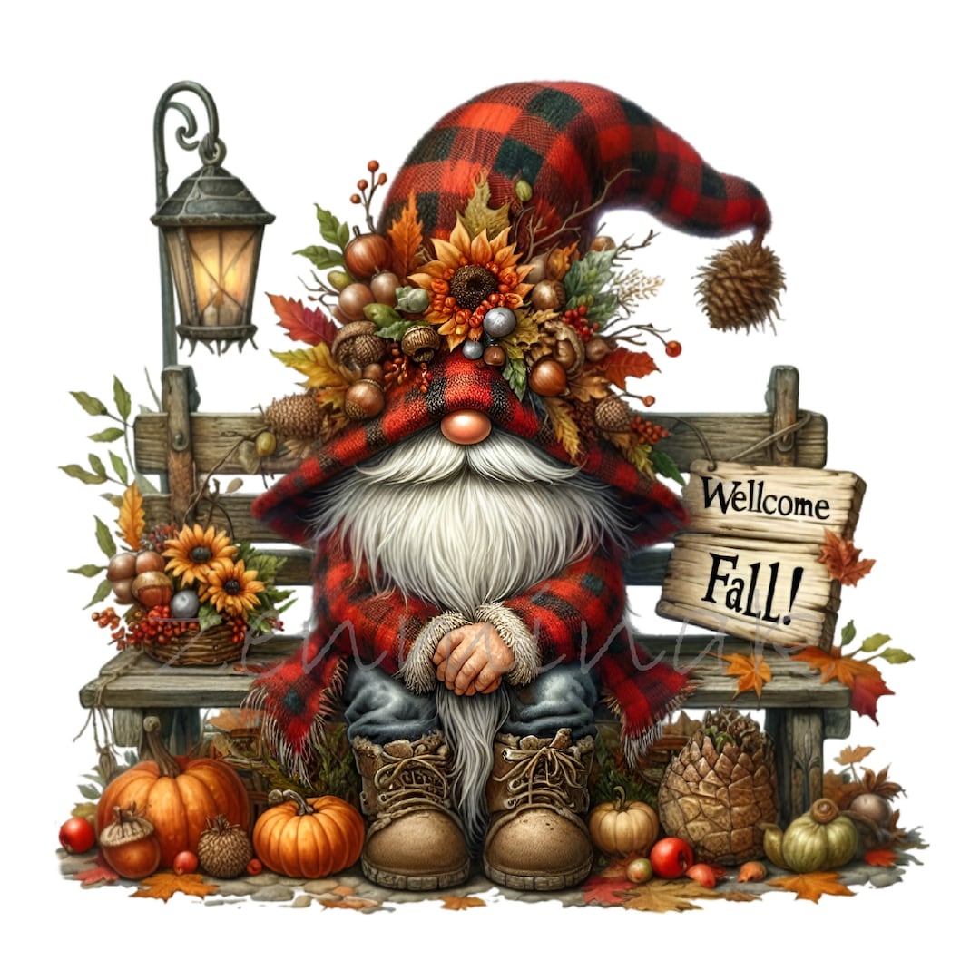 10 Fall Gnome PNG Clipart Sitting on Bench With Pumpkins, Lantern ...