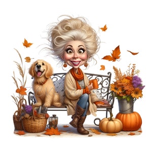 Autumn Grandma and Puppy Clipart 10 Fall Bench Scene With Pumpkins and ...