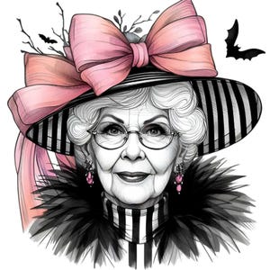 Vintage Granny With Striped Bow and Bats Illustration PNG, 10 Gothic ...
