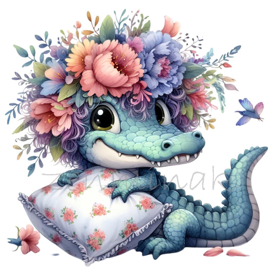 12 Cute Baby Alligator PNG Clipart With Flower Crown and Pillow, Kawaii ...