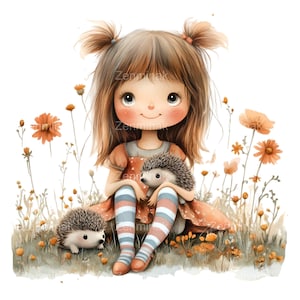 12 Cute Girl PNG Clipart With Hedgehogs - Whimsical Child, Forest ...