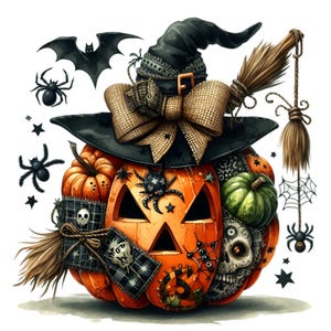 Witchy Halloween Pumpkin Clipart PNG, 15 Jack-o'lantern With Witch Hat ...