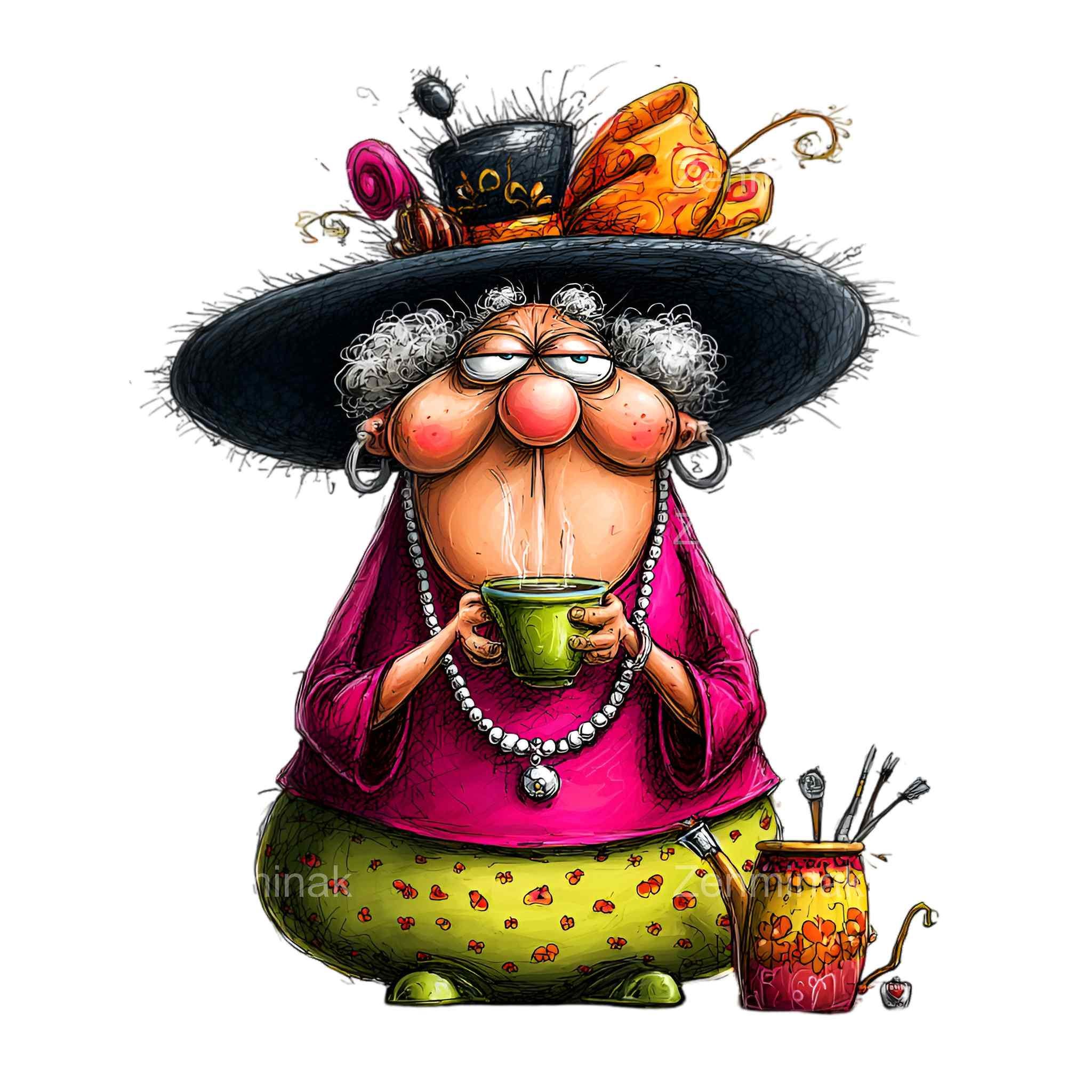 14 PNG Funny Tea Lady Clipart – Grumpy Senior With Big Hat, Coffee Mug ...