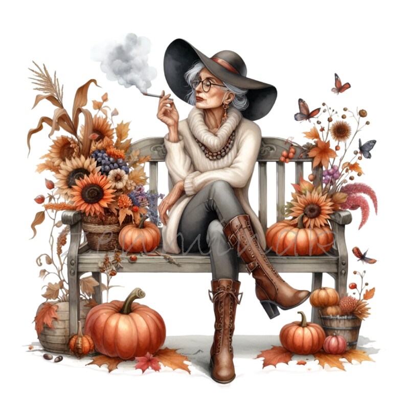 10 PNG Autumn Woman Fall Sublimation, Grandma Pumpkin Bench Clipart ...