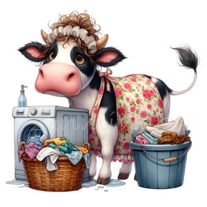 12 Laundry Cow Clip Art, Cute Farmhouse Cow Washing Clothes, Digital ...