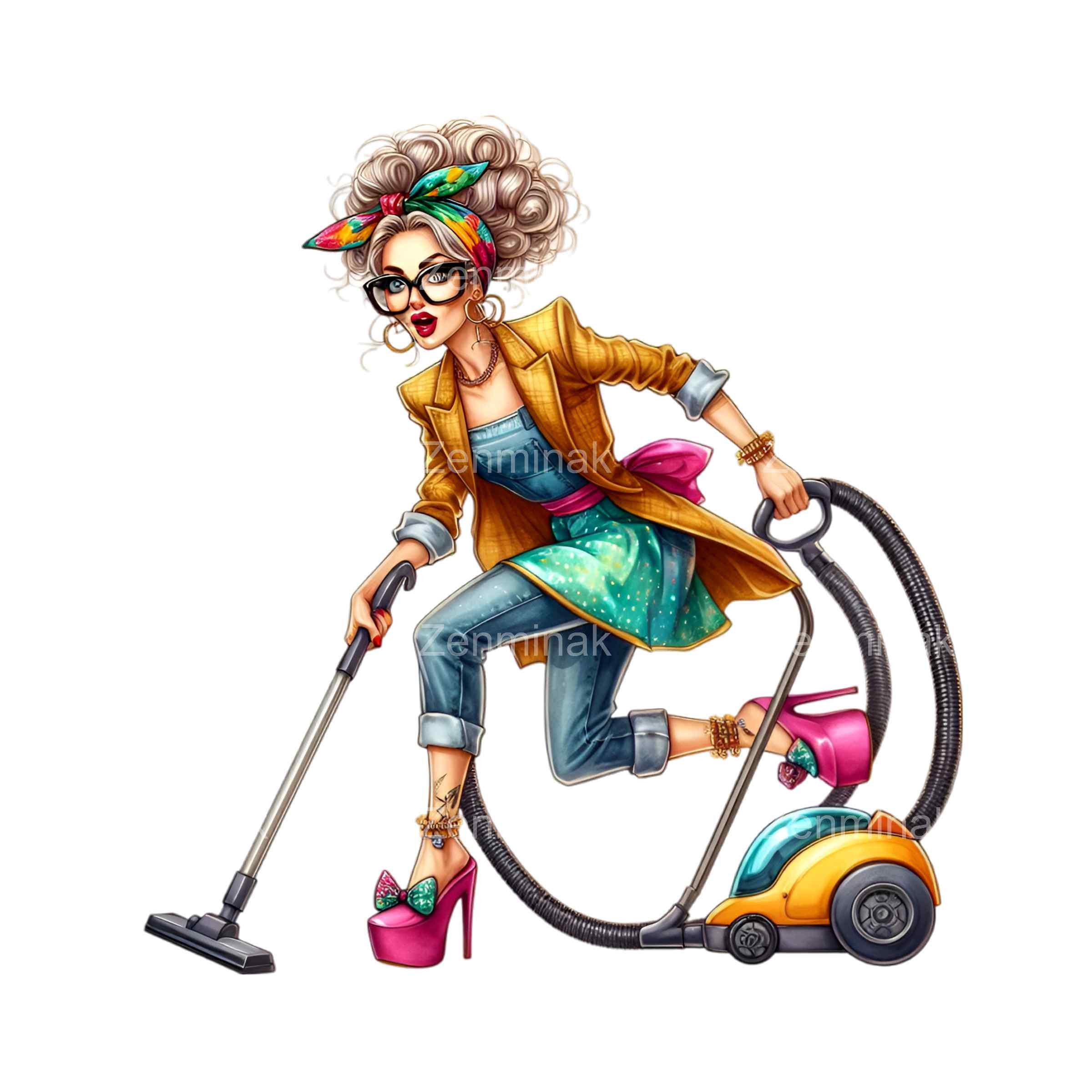 20 Funny Housewife PNG Clipart, Stylish Woman With Vacuum, Retro Glam ...