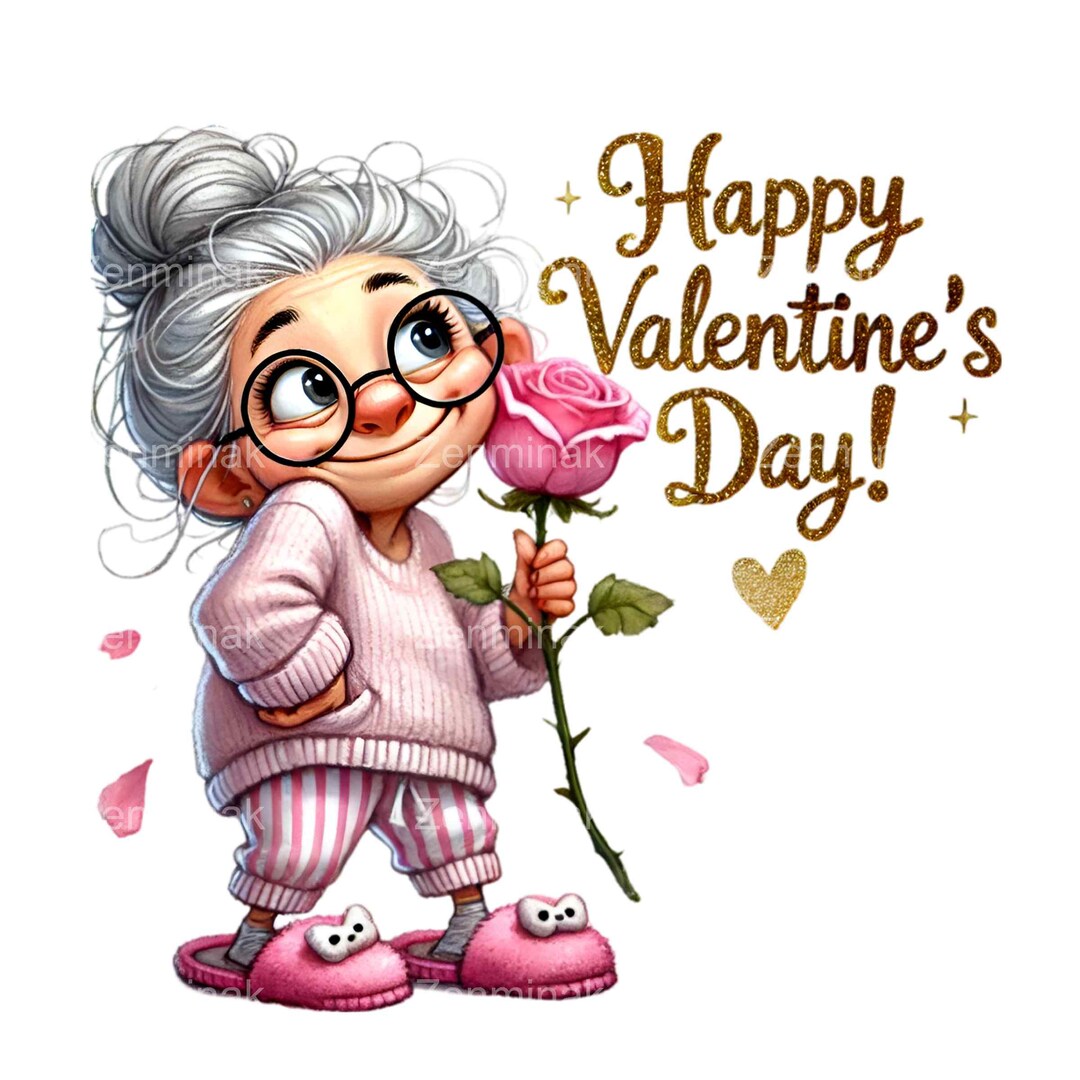 14 Valentine’s Day Cartoon PNG, Cute Granny Holding Rose, Whimsical ...