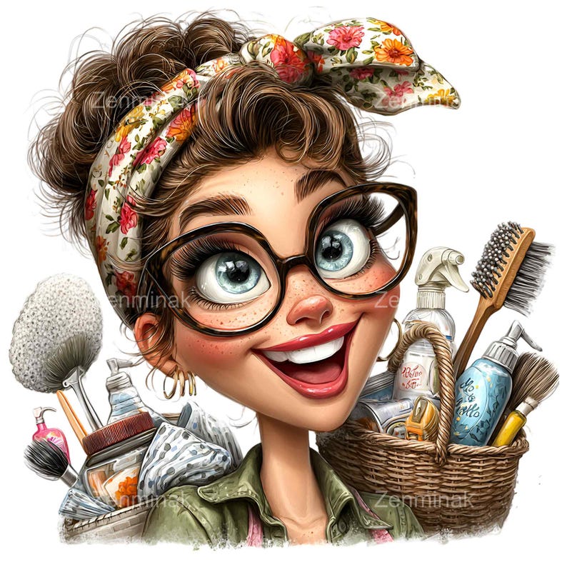 15 grappige schoonmaakster-clipart png – Cartoon vrouw met bril en ...