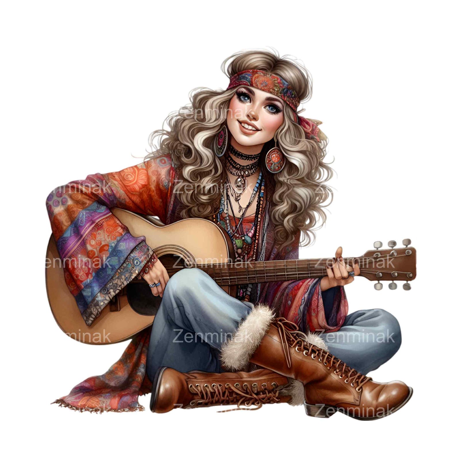 16 PNG Girl Guitar Clipart, Hippie Musician Woman, Retro 70s Singer ...