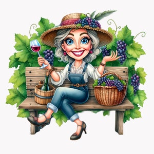 Funny Grandma Clipart Bundle, Granny Vineyard PNG, Grapes, Autumn ...