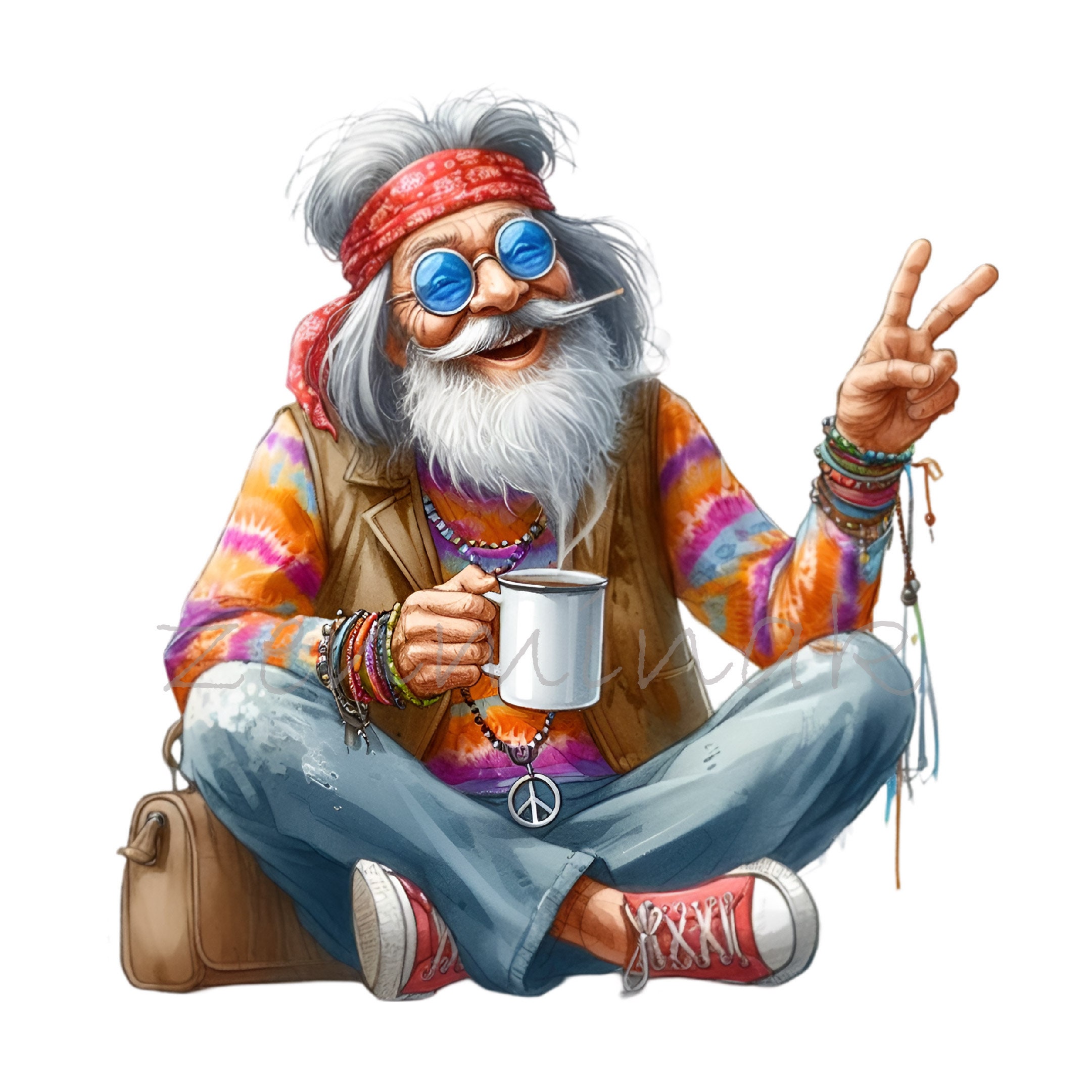 10 PNG Hippie Man Clipart – Relaxed Coffee Lover – Funny Character Art ...