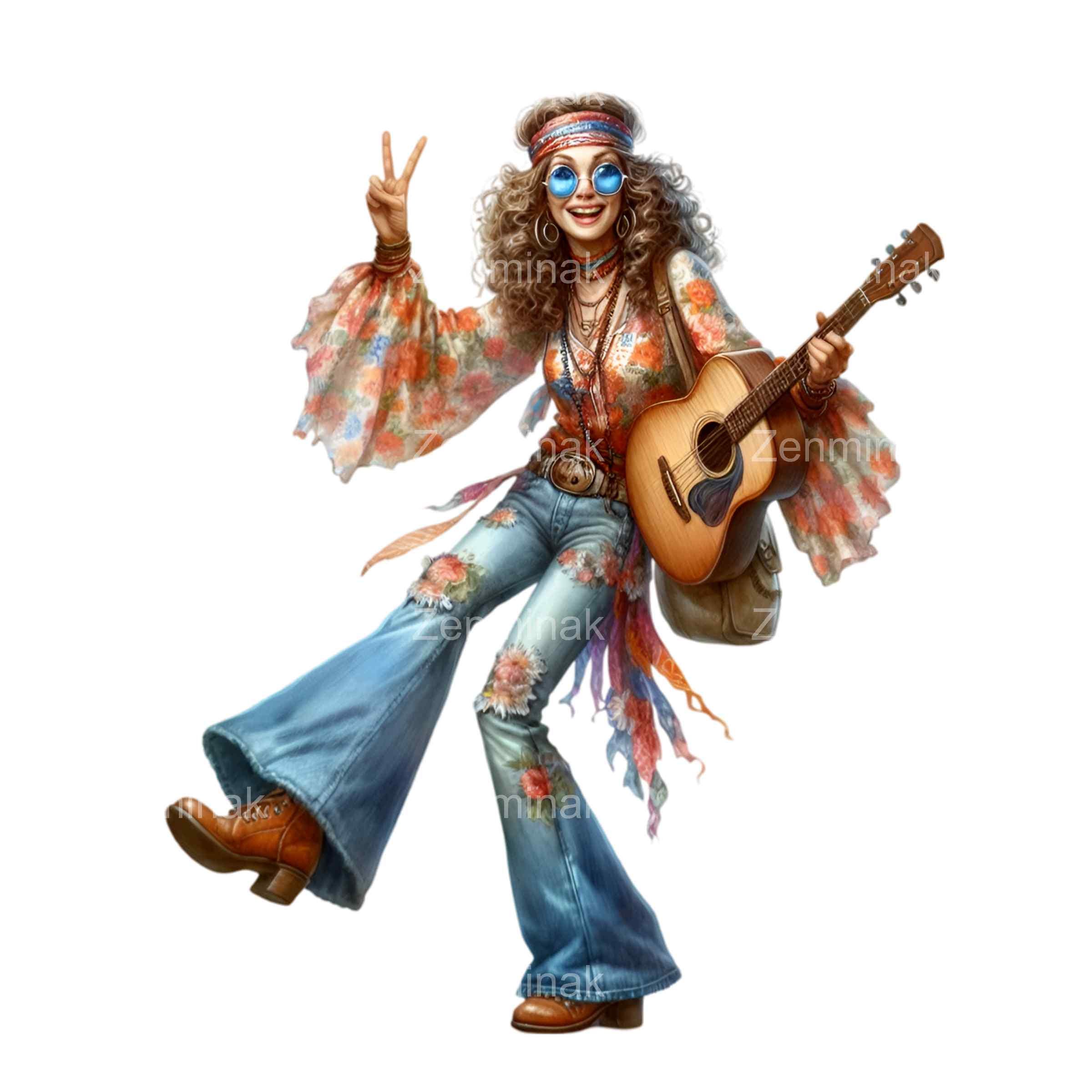 16 PNG Girl Guitar Clipart, Hippie Musician Woman, Retro 70s Singer ...