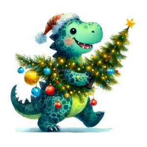 Cute Dinosaur Christmas PNG, 17 Dino Holding Christmas Tree, Watercolor ...